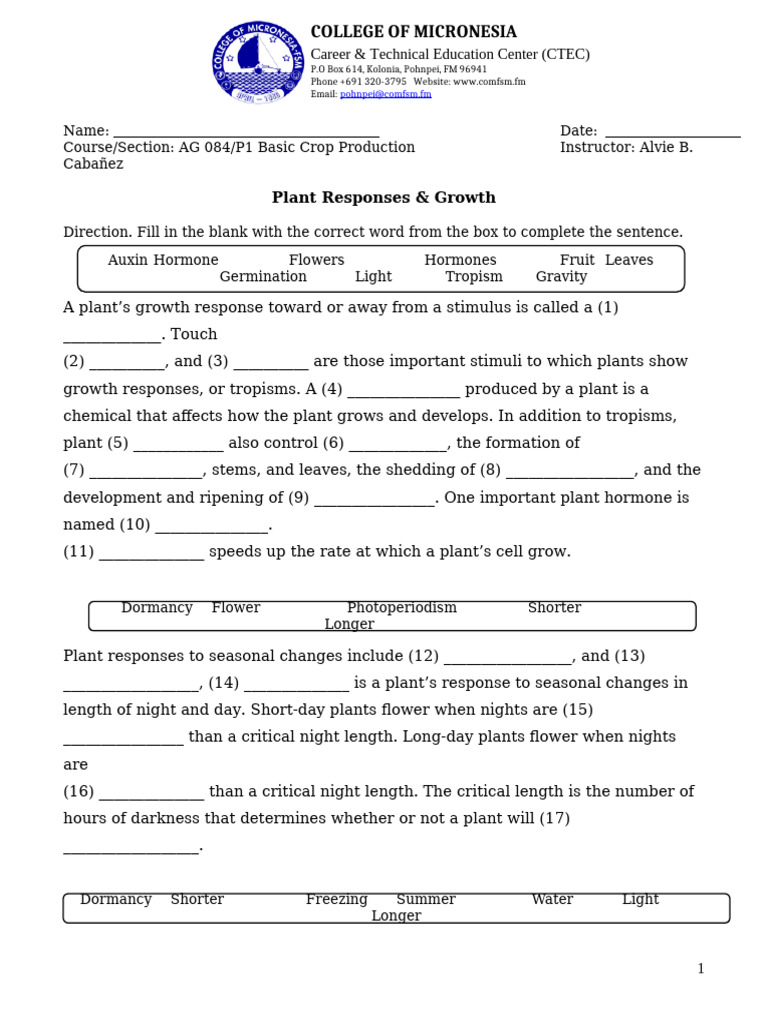 Plant Responses Worksheet | PDF | Plant Hormone | Plants