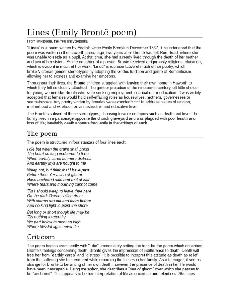 Lines Emily Bronte Poem | PDF | Nature | Love