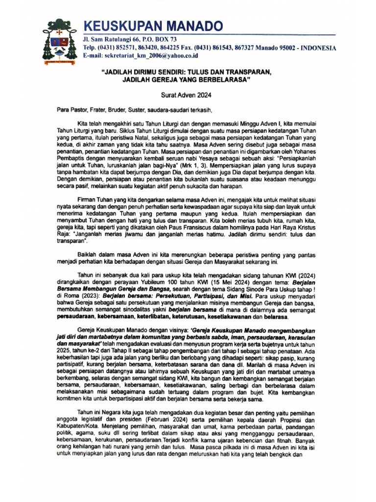 Surat Adven THN 2024 Keuskupan Manado | PDF