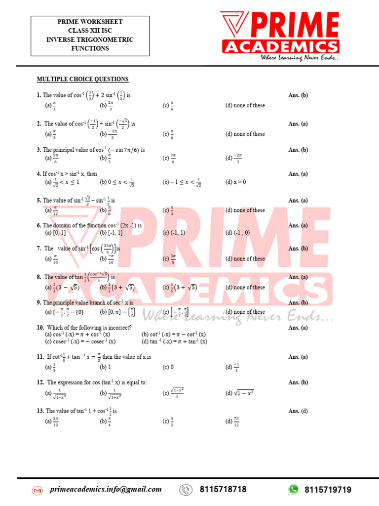 Class XII ISC Inverse Trigonometry Worksheet | PDF | Trigonometric Functions | Combinatorics