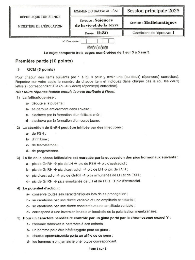 Epreuve SVT Bac Math Session Principale 2023 | PDF