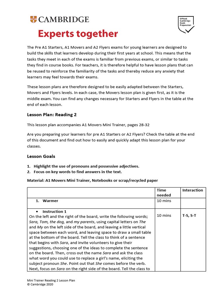 A1 Movers Reading Lesson Plan | PDF | Verb | Pronoun
