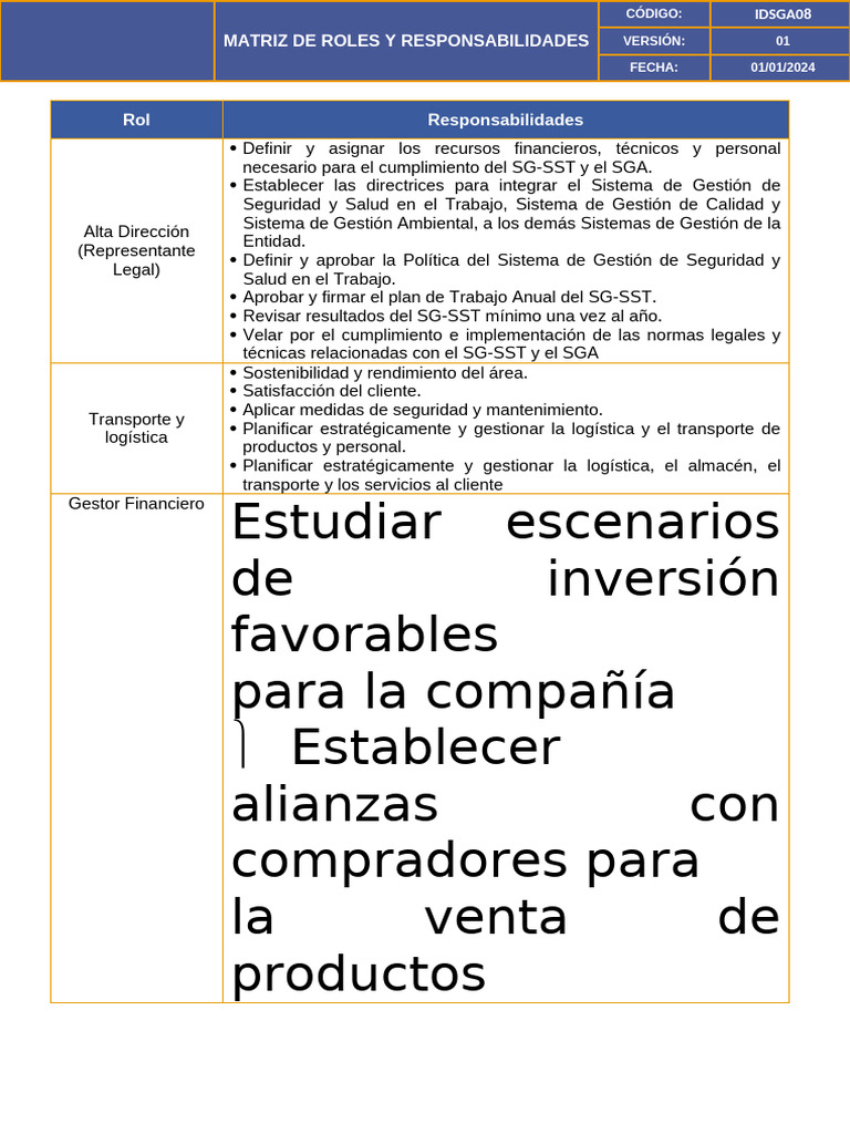 IDGSA08-MATRIZ DE ROLES, RESPONSABILIDADES Y AUTORIDADES | PDF ...