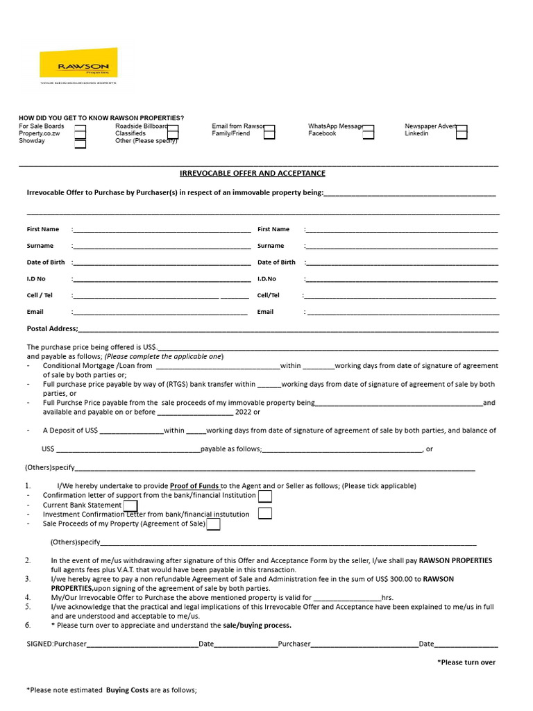 Irrevocable Offer and Acceptance: (Please Complete The Applicable One ...
