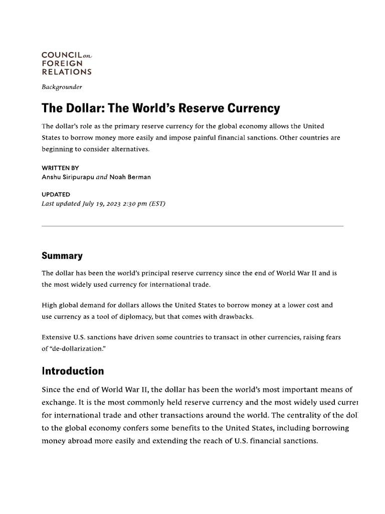The Dollar - The World's Reserve Currency - Council On Foreign ...