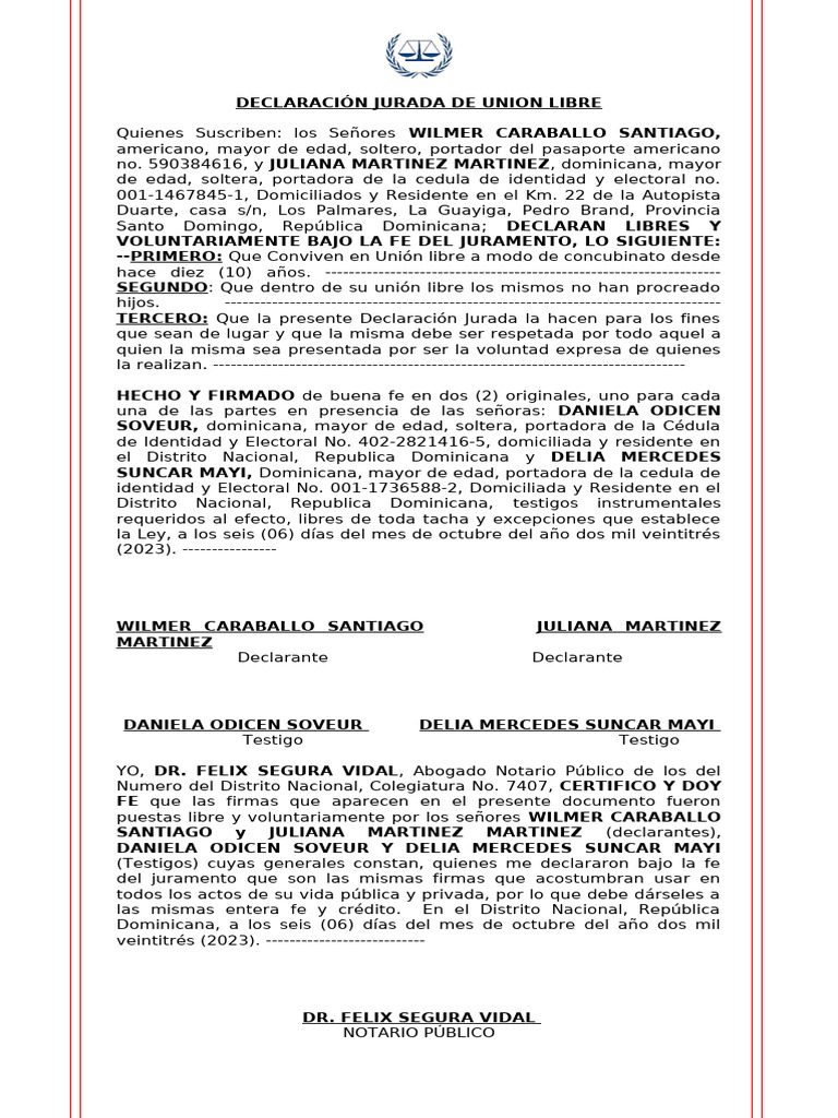Acta de Union Libre 1 | PDF | República Dominicana | Gobierno