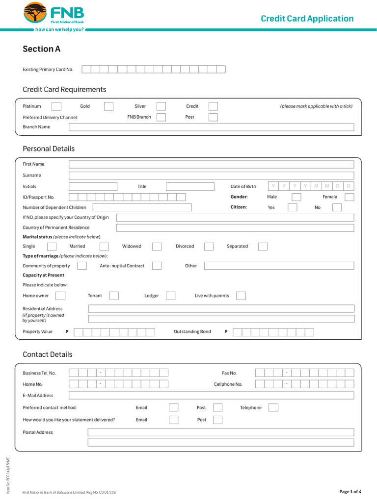 FNB Credit-Card-Application Form | PDF | Credit Card | Banks