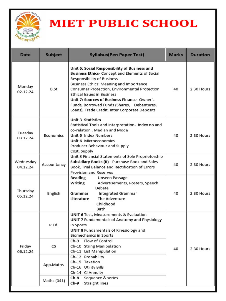 Class XI Date Sheet (Com & Opt) UT-2 | PDF