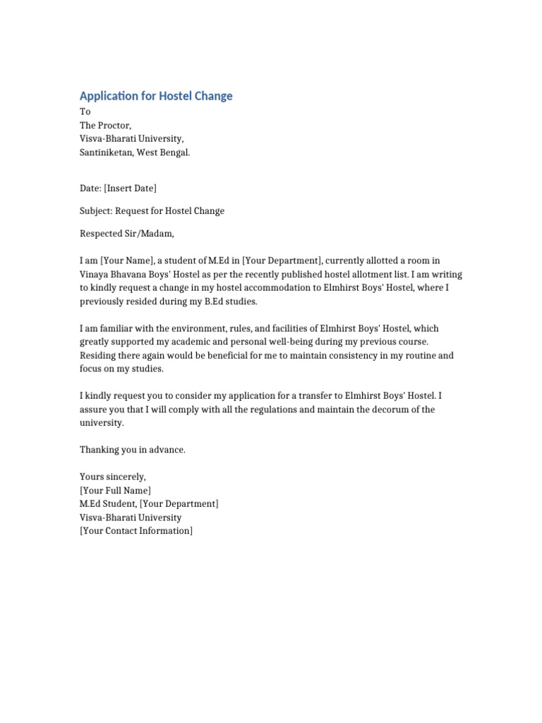 Application For Hostel Change | PDF