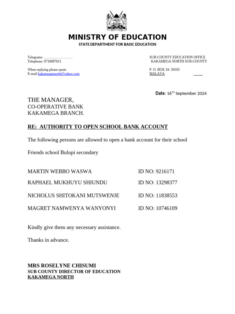 Bulupi Secondary School Bank Account Authorization | PDF