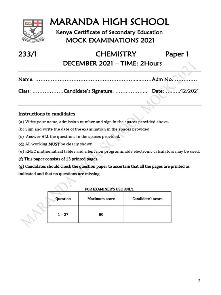 2021-2022 Maranda Mock 233 Chemistry p1 Qs | PDF | Solubility | Sodium Hydroxide