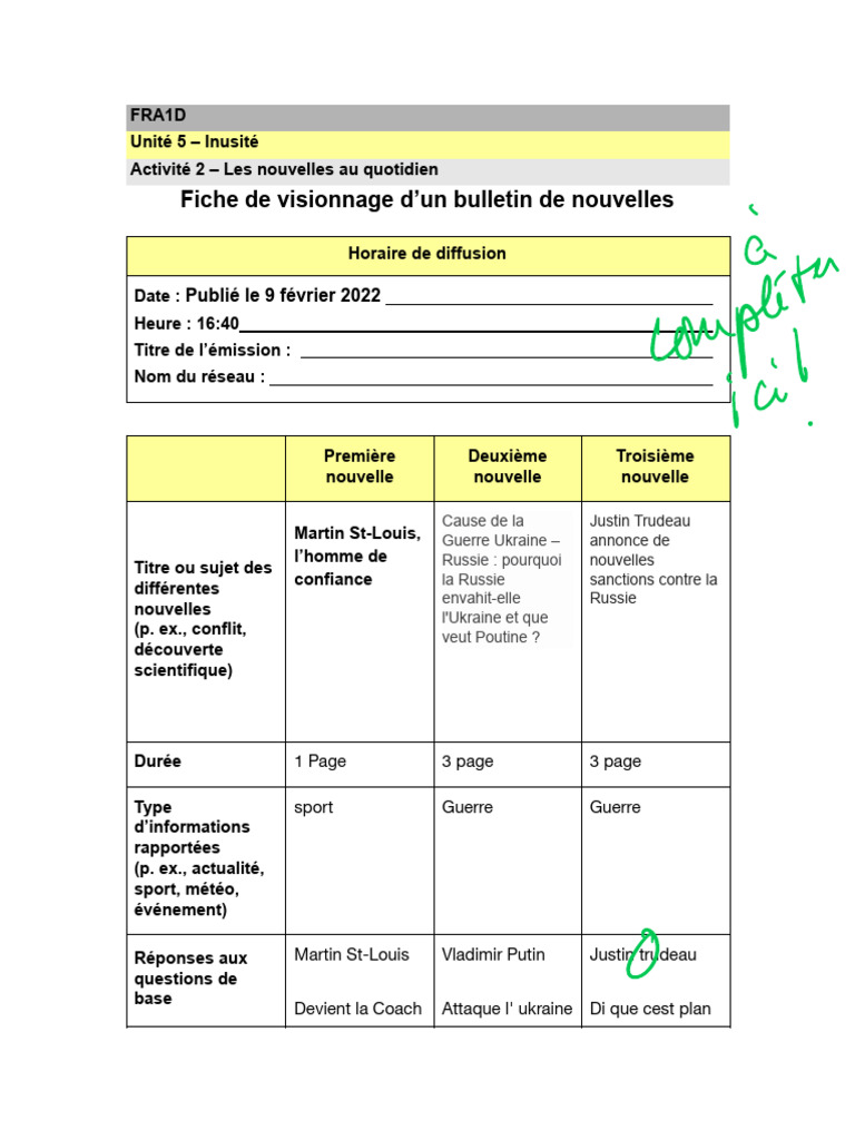 Modifié - Copy of Fiche de Visionnage D'un Bulletin de Nouvelles | PDF