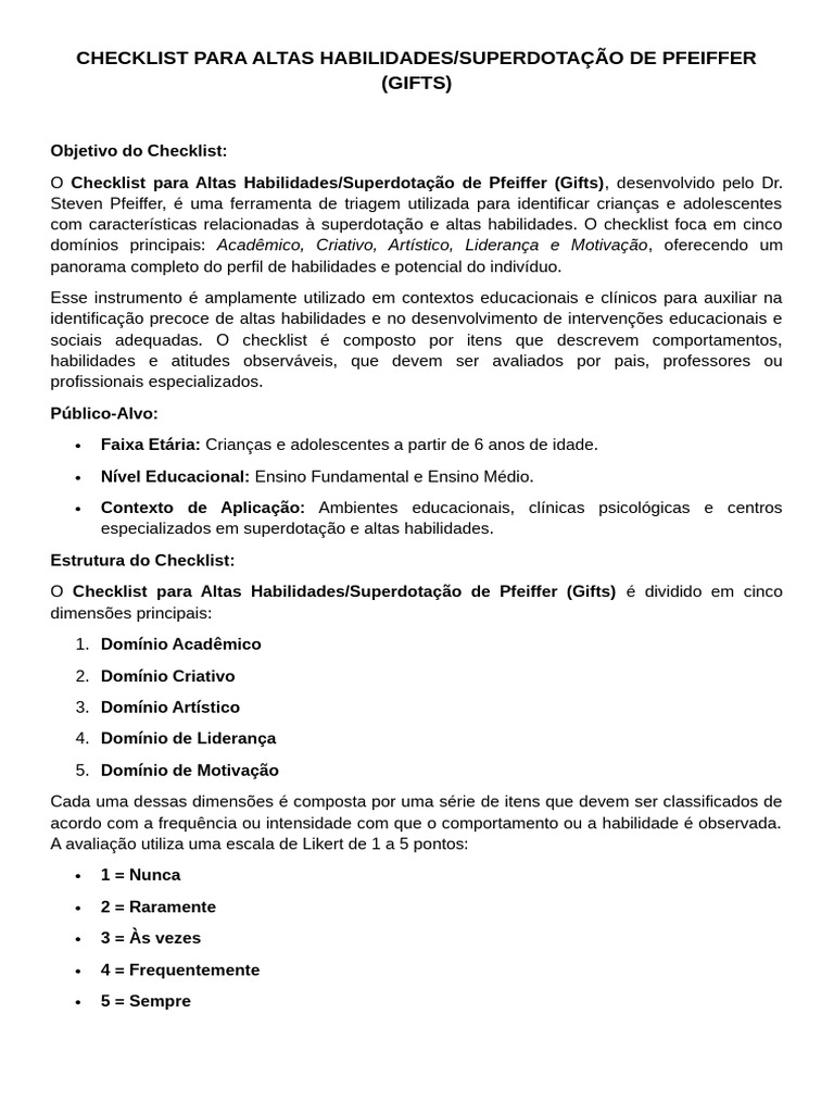 Checklist para Altas Habilidades Superdotação de Pfeiffer (Gifts) | PDF ...