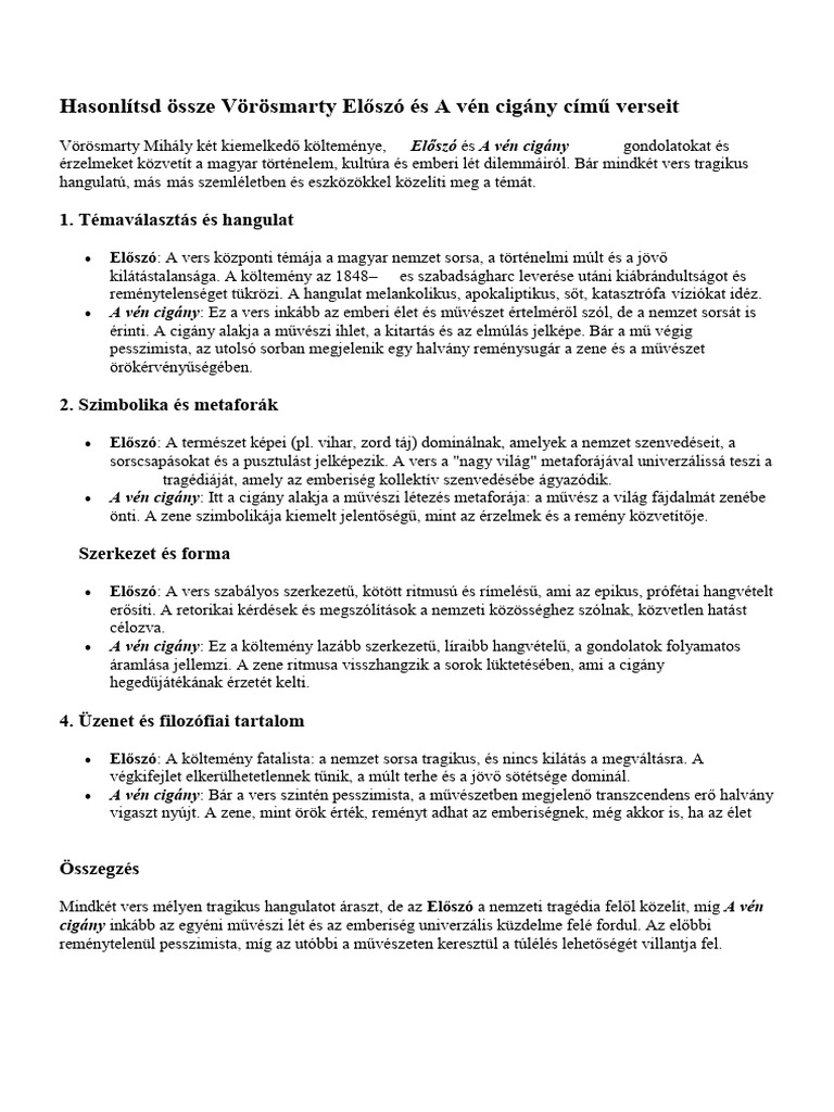 Hasonlítsd Össze Vörösmarty Előszó És A Vén Cigány Című Verseit | PDF