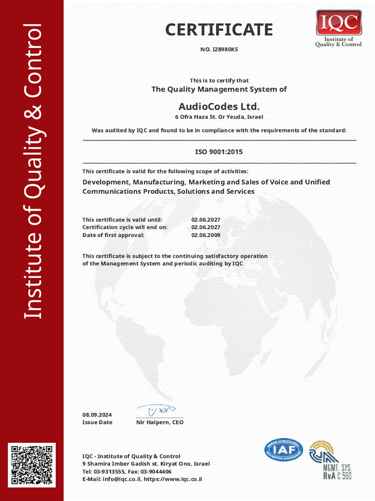 Audiocodes ISO Certificate | PDF