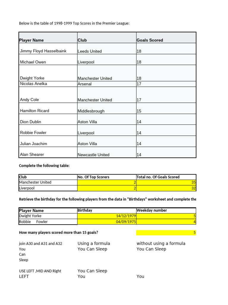 Revision Quiz One Spreadsheet | PDF | Premier League | Premier League Clubs