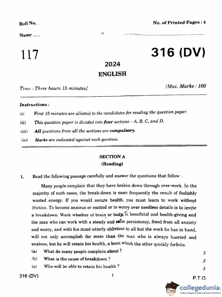 UP Board Class 12 English Question Paper 2024 Code 316 DV | PDF