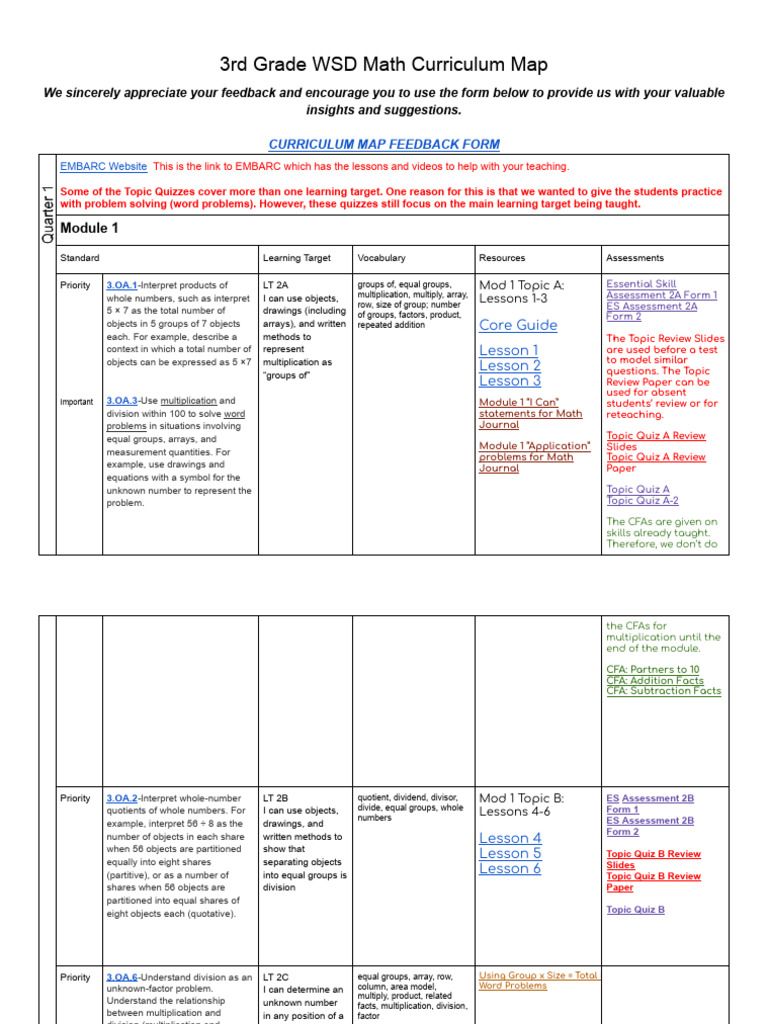 3rd Grade WSD Math Curriculum Map | PDF | Division (Mathematics ...