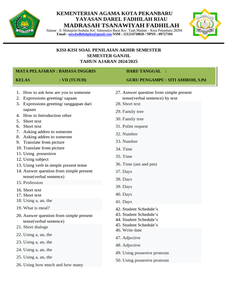 Kisi Kisi Bahasa Inggris Kelas 7 Ganjil 2024 | PDF | Linguistic Morphology | Syntactic Relationships