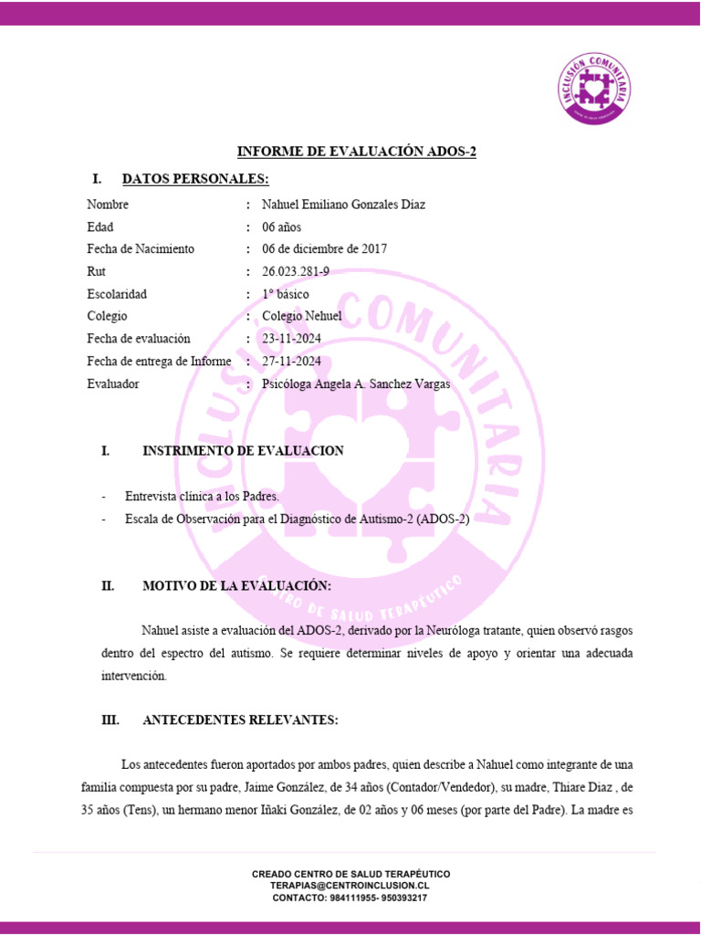 Informe de Evaluación ADOS-2 de Nahuel | PDF | Desorden hiperactivo y ...