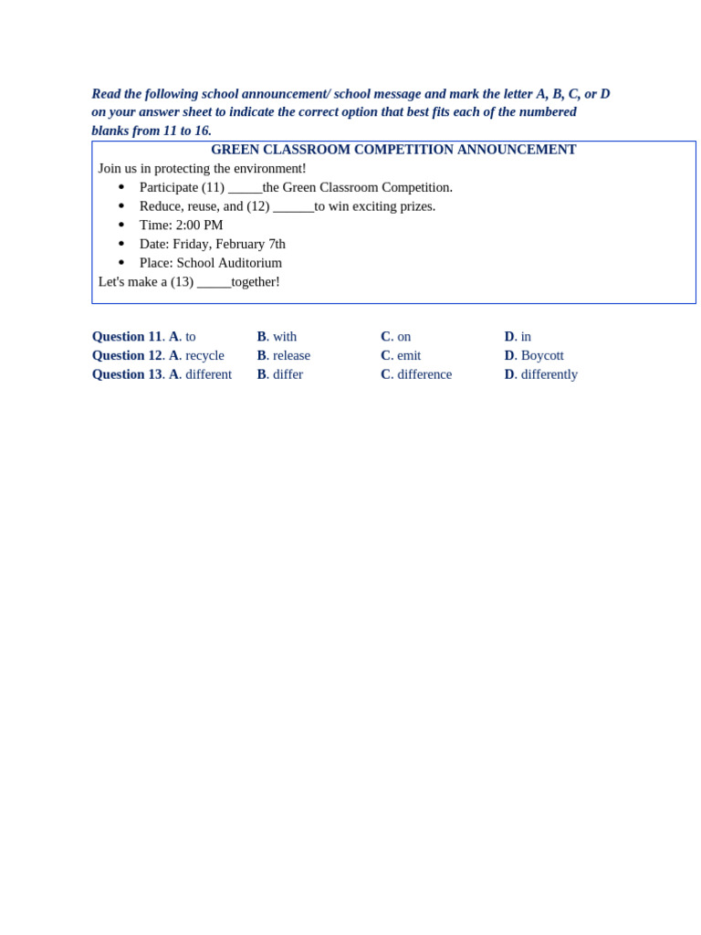 Read the Following School Announcement | PDF