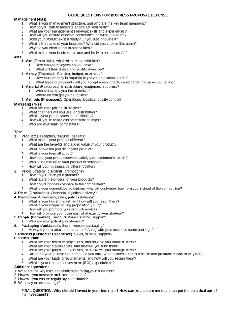 Guide Questions For Business Proposal Defense | PDF | Return On ...