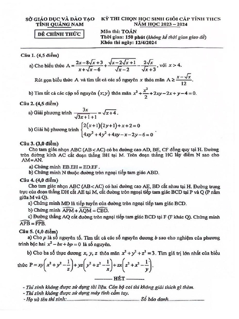 De Hoc Sinh Gioi Cap Tinh Toan Thcs Nam 2023 2024 So Gddt Quang Nam | PDF