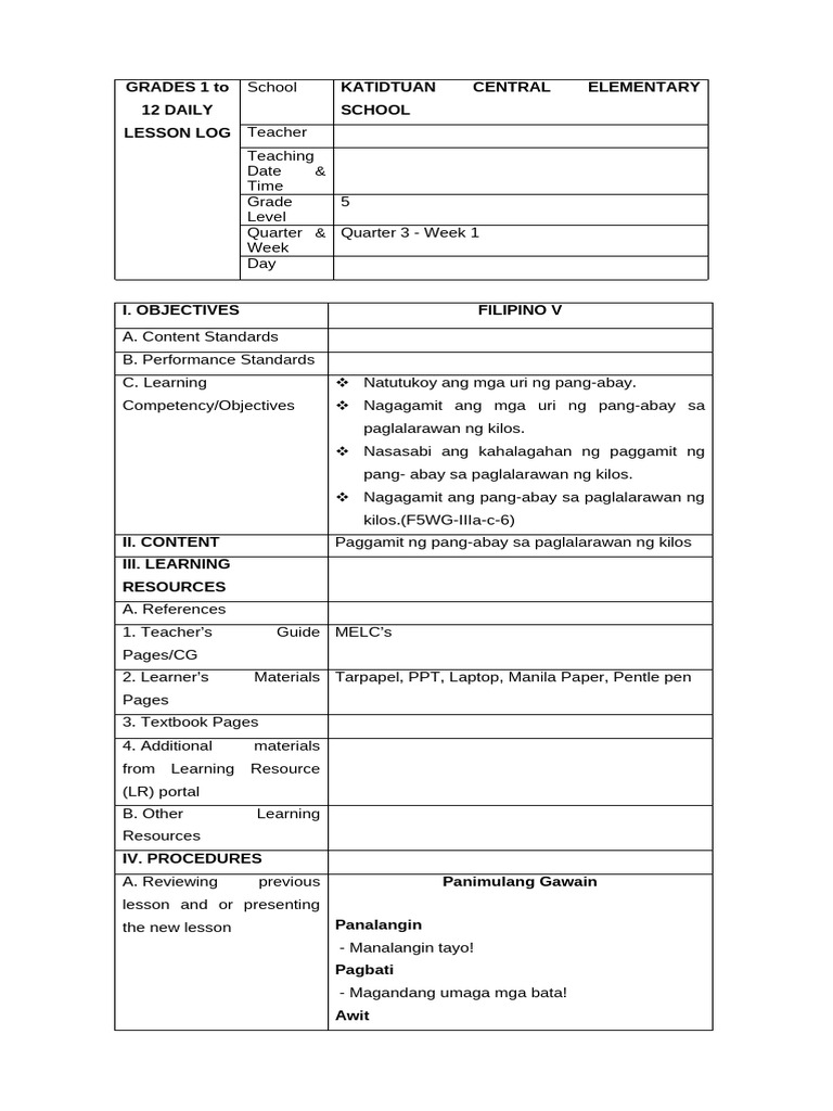 Grades 5 Daily Lesson Log | PDF