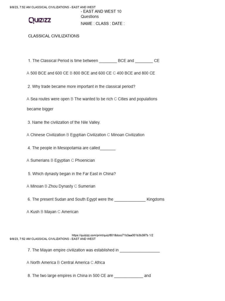 Classical Civilizations Quiz: East & West | PDF