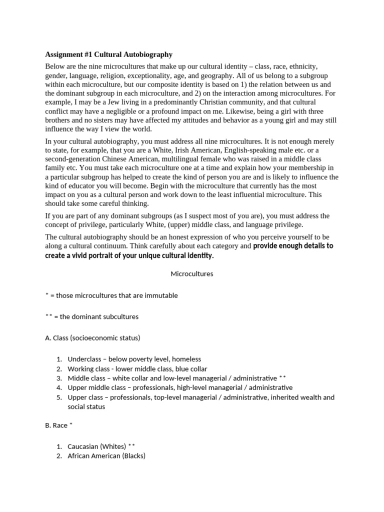 Assignment #1 Cultural Autobiography | PDF | Identity (Social Science ...