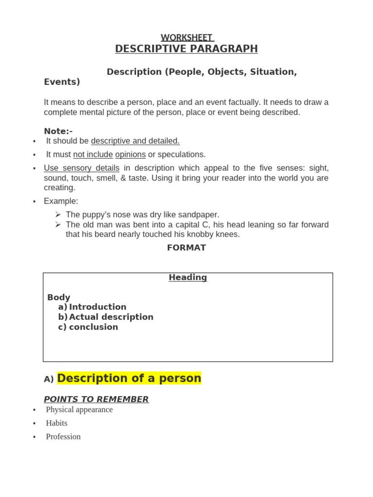 9descriptive Paragraph (WORKSHEET) | PDF