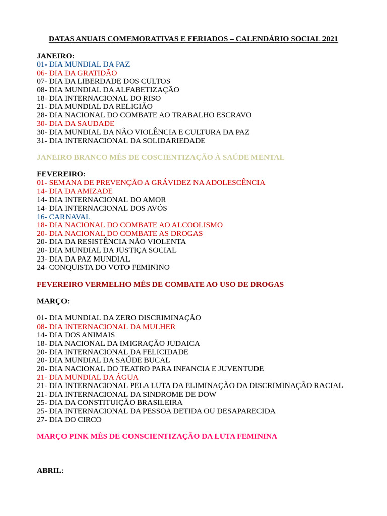 Calendário de Datas Comemorativas 2021 | PDF | Violência