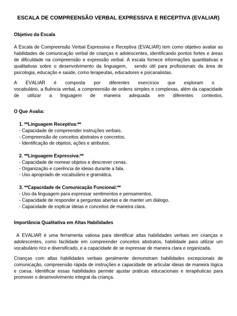Escala de Compreensão Verbal Expressiva e Receptiva (Evaliar) | PDF ...