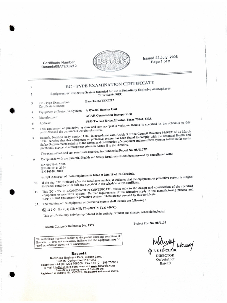 Baseefa 08atex0212 | PDF