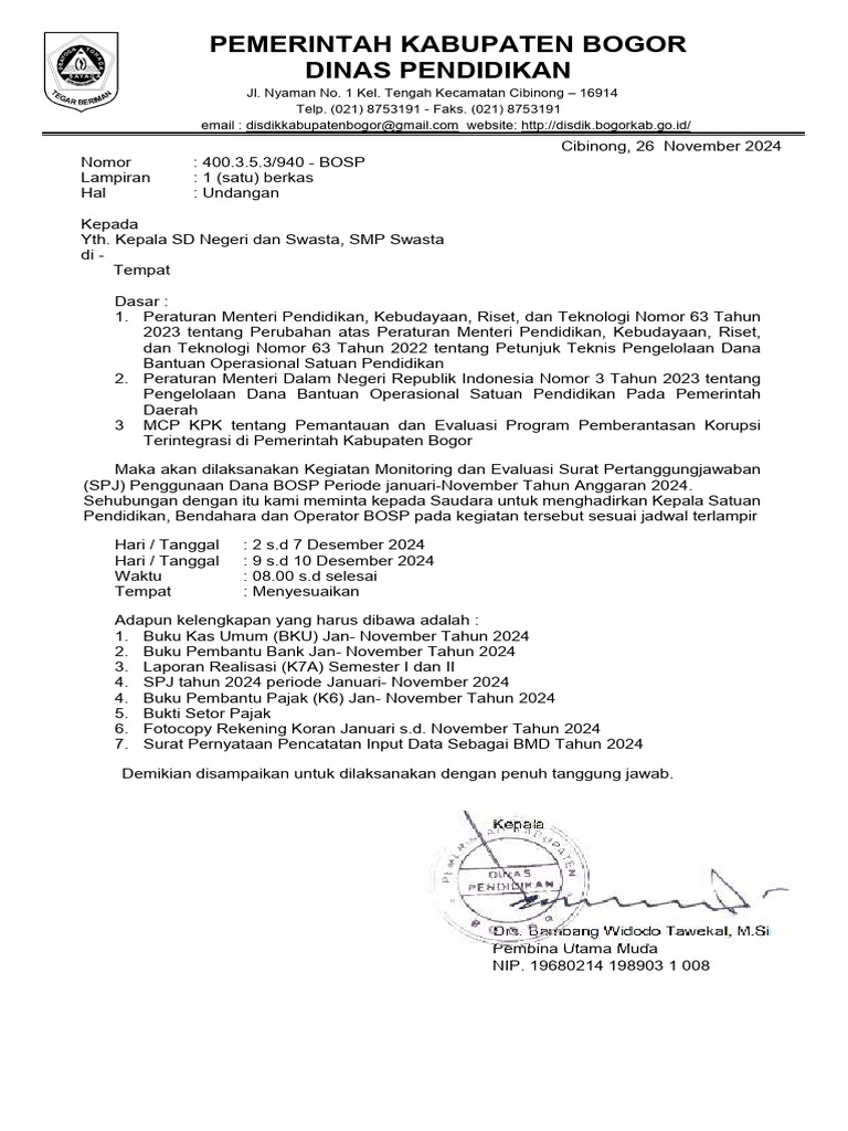 Undangan Monitoring Dana BOSP 2024 | PDF