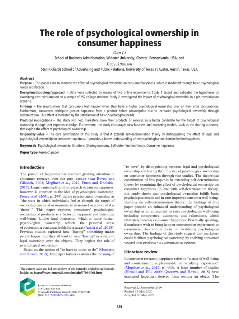 The role of psychological ownership in consumer happiness | PDF ...