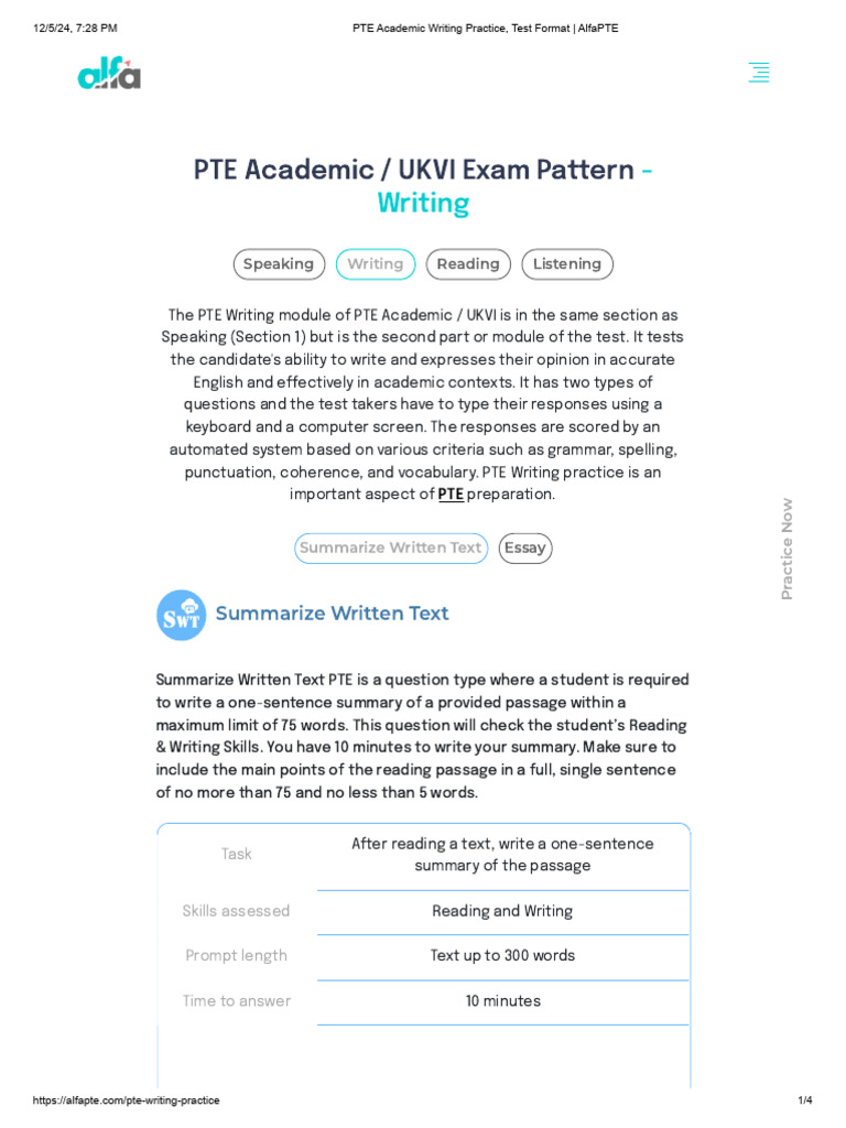 PTE Academic Writing Practice, Test Format - AlfaPTE | PDF | Human ...