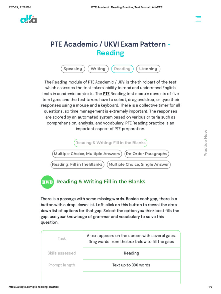 Pte Academic Reading Test Overview Pdf Multiple Choice Reading