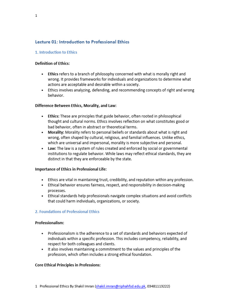 Professional Ethics Lecture 01 | PDF | Morality | Confidentiality
