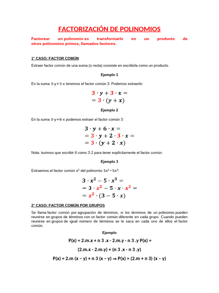 FACTOREO DE POLINOMIOS - Teoría Con Ejemplos | PDF | Factorización ...