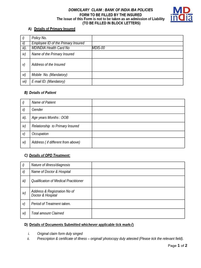 Bank of India Domiciliary Claim Form | PDF | Insurance | Medicine