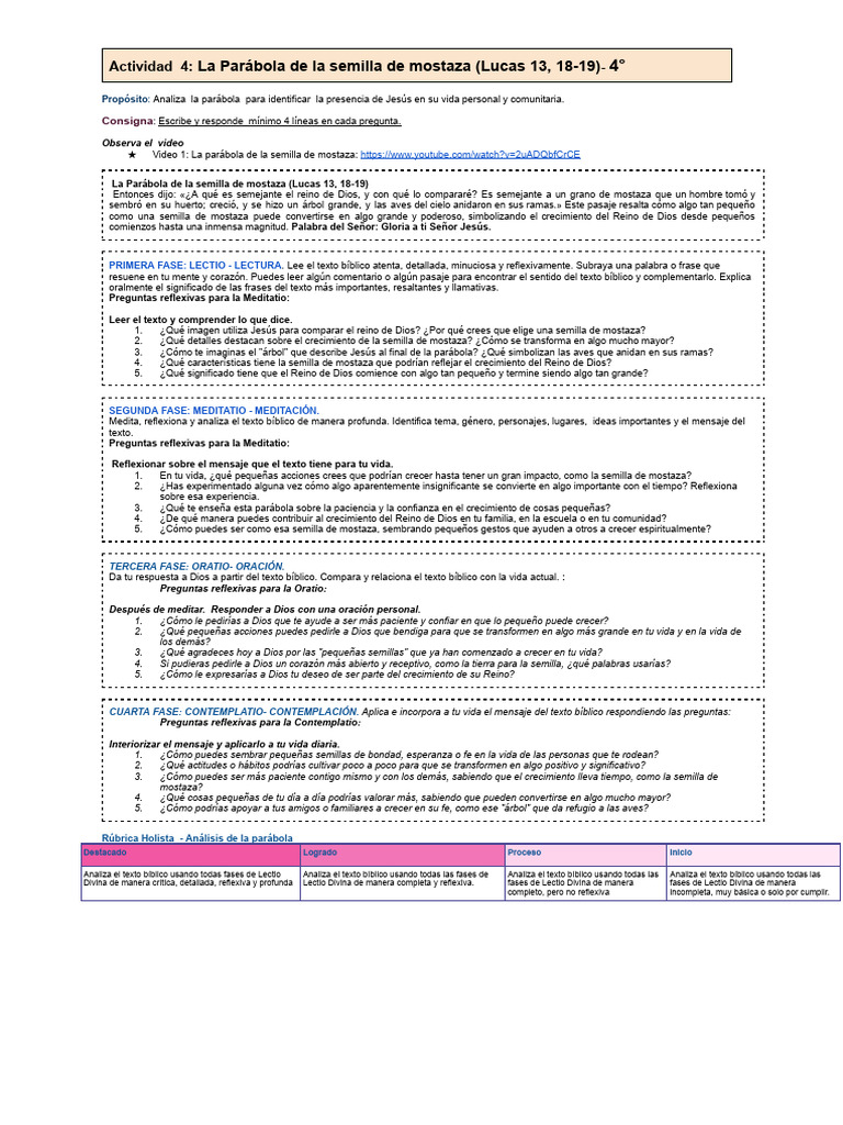 Actividades 4- 4°_La Parábola de la semilla de mostaza | PDF ...