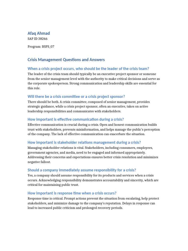 Crisis Management Questions Afaq Ahmad | PDF | Crisis Management | Social Psychology