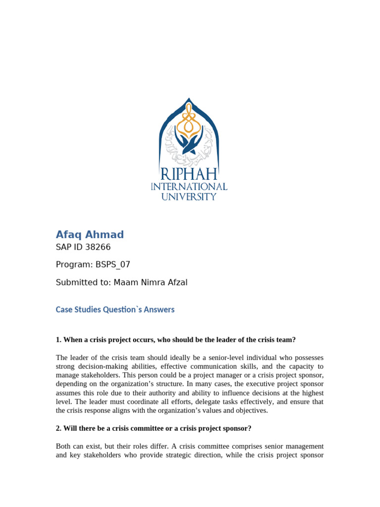 Crisis Management Brief Answers Afaq Ahmad | PDF | Crisis Management | Business