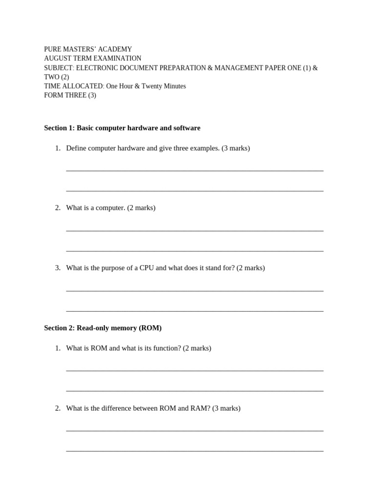 Physical Education Form Three EOT | PDF | Computer Data Storage ...