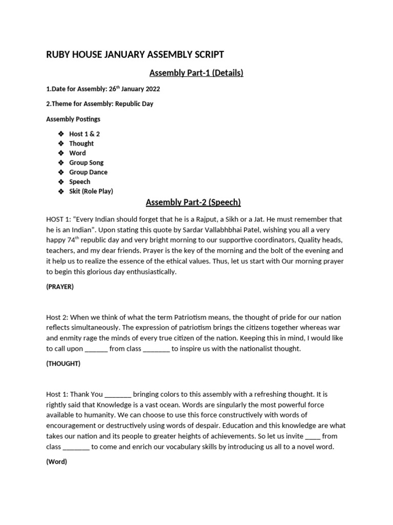 Ruby House January Assembly Script | PDF