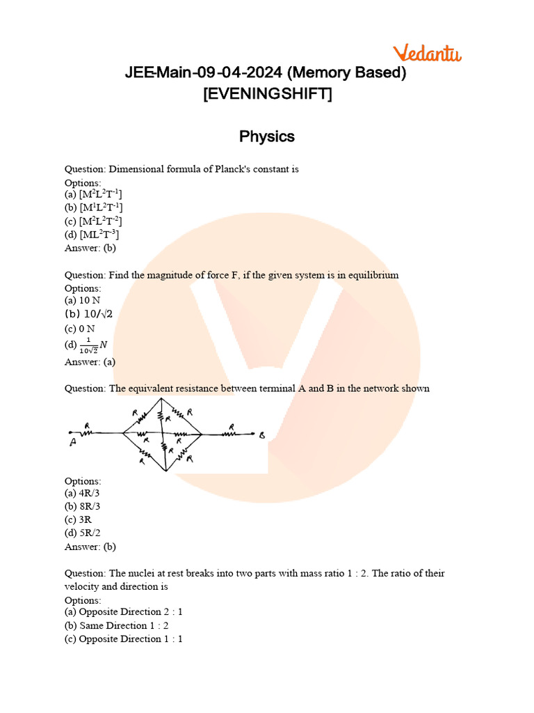 JEE Main 2024 April 9 Evening Shift Paper | PDF | Orbit | Electronvolt