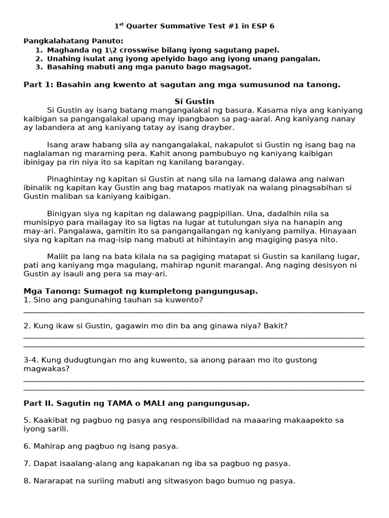 1st Quarter ESP Summative Test No.1 | PDF