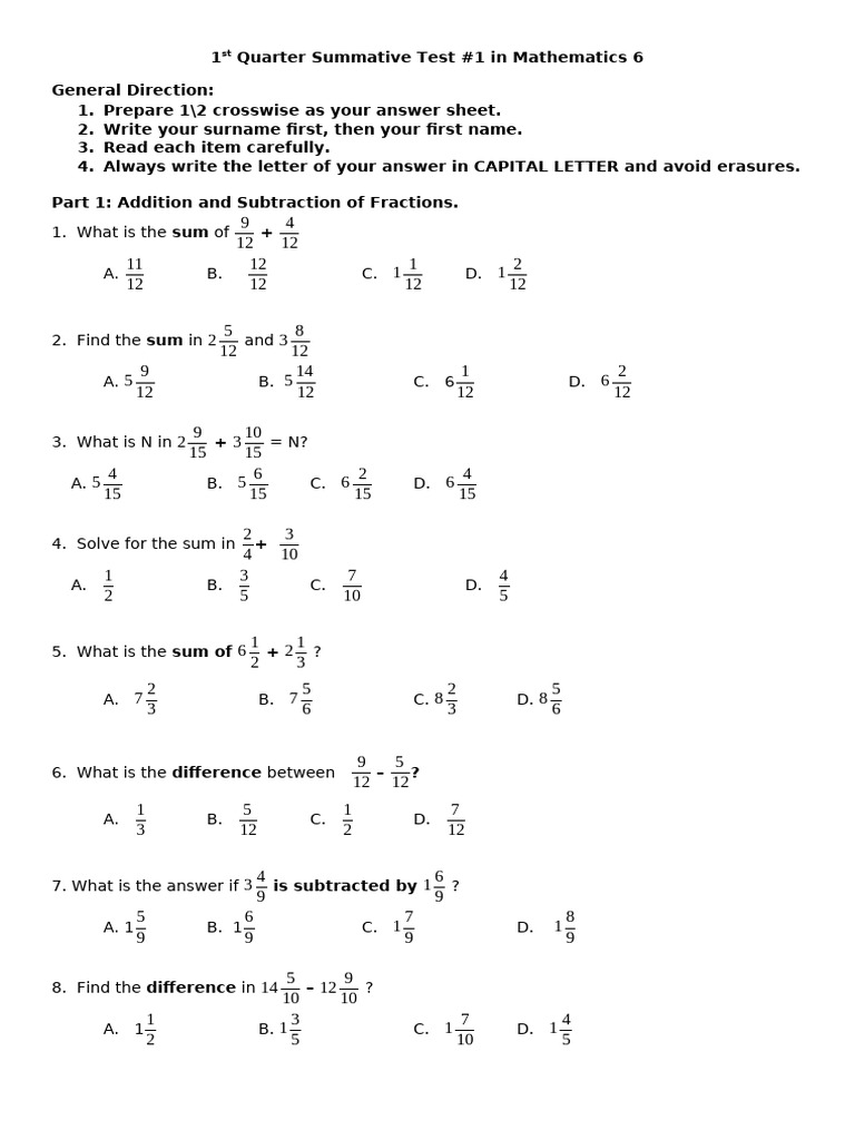 1st Quarter Mathematics Summative Test No.1 | PDF | Summation | Mathematics