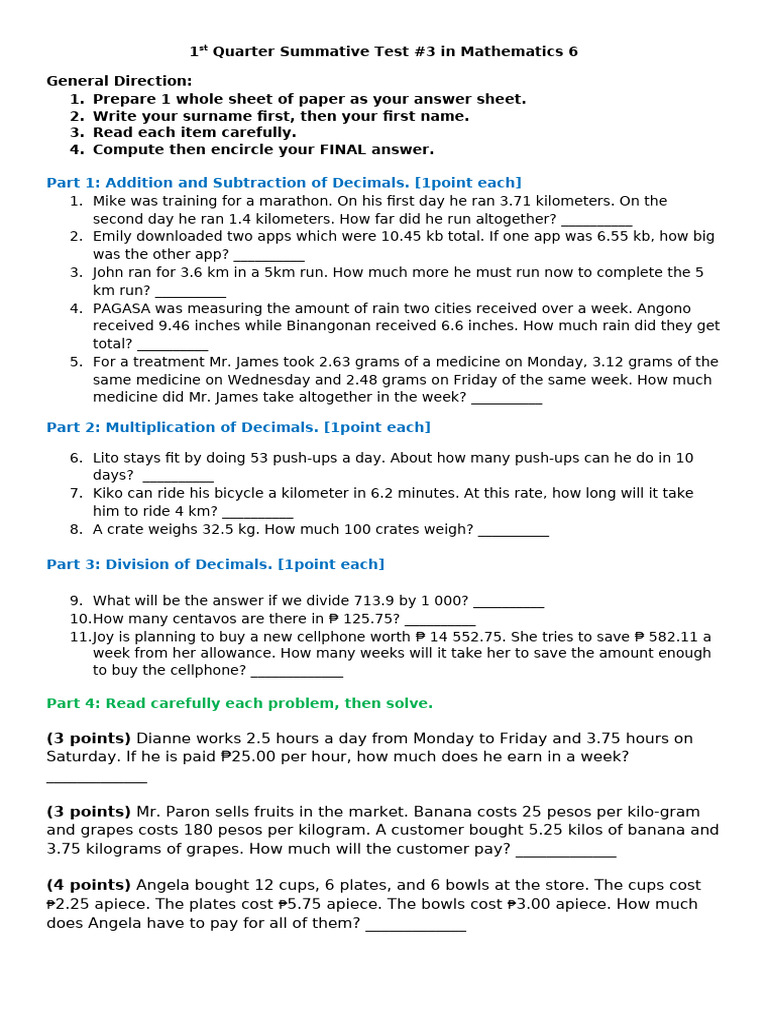 1st Quarter Mathematics Summative Test No.3 | PDF | Currency